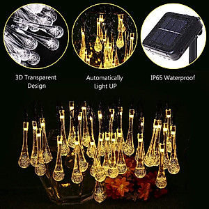 SEYEON Solar String Lights Water Drop Decorative Lights String Waterproof Outdoor Garden Fairy Lights for Patio, Yard, Home, Parties 2-Pack (Warm White)