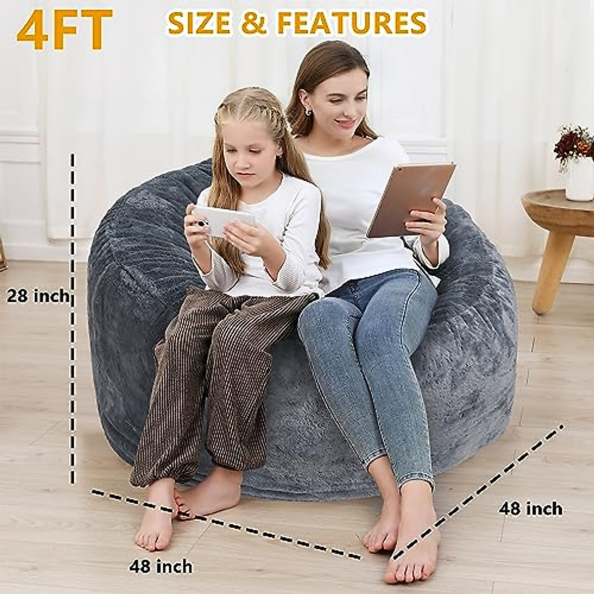 Bean Bag Chair Cover (No Filler), Adult Beanbag Chair Outside Cover Big Round Soft Fluffy Faux Fur Beanbag Lazy Sofa Bed Cover (Grey,4FT)