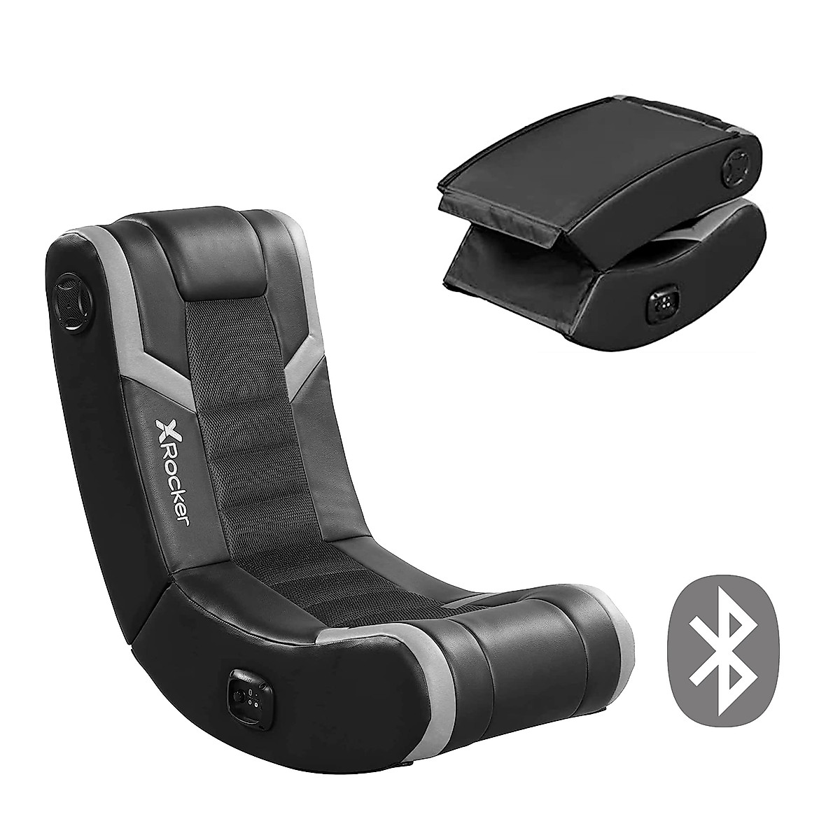 X Rocker Eclipse Video Gaming Floor Chair, Headrest Mounted Speakers, 2.0 Bluetooth, Wireless, 5110301, 31" x 27.5" x 16.5", Black and Silver