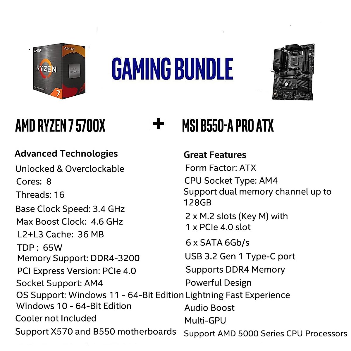 INLAND Micro Center AMD Ryzen 7 5700X 8-Core 16-Thread Unlocked Desktop Processor Bundle with MSI B550-A PRO ProSeries Motherboard (AMD AM4, DDR4, PCIe 4.0, SATA 6Gb/s, M.2, USB 3.2 Gen 2 ATX)