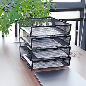 SETTFRFE 4 Tier Metal Mesh Desk Organizer-Stackable Letter Trays for Office Supplies,Black File Storage System with Reinforced Edges