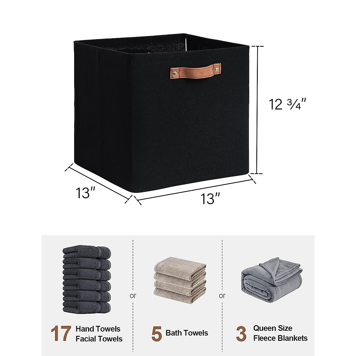 StorageWorks 13x13 Inches Storage Cube, Fabric Storage Bins with PU Handles, Collapsible Organizer Baskets for Closet, Black, 4-Pack