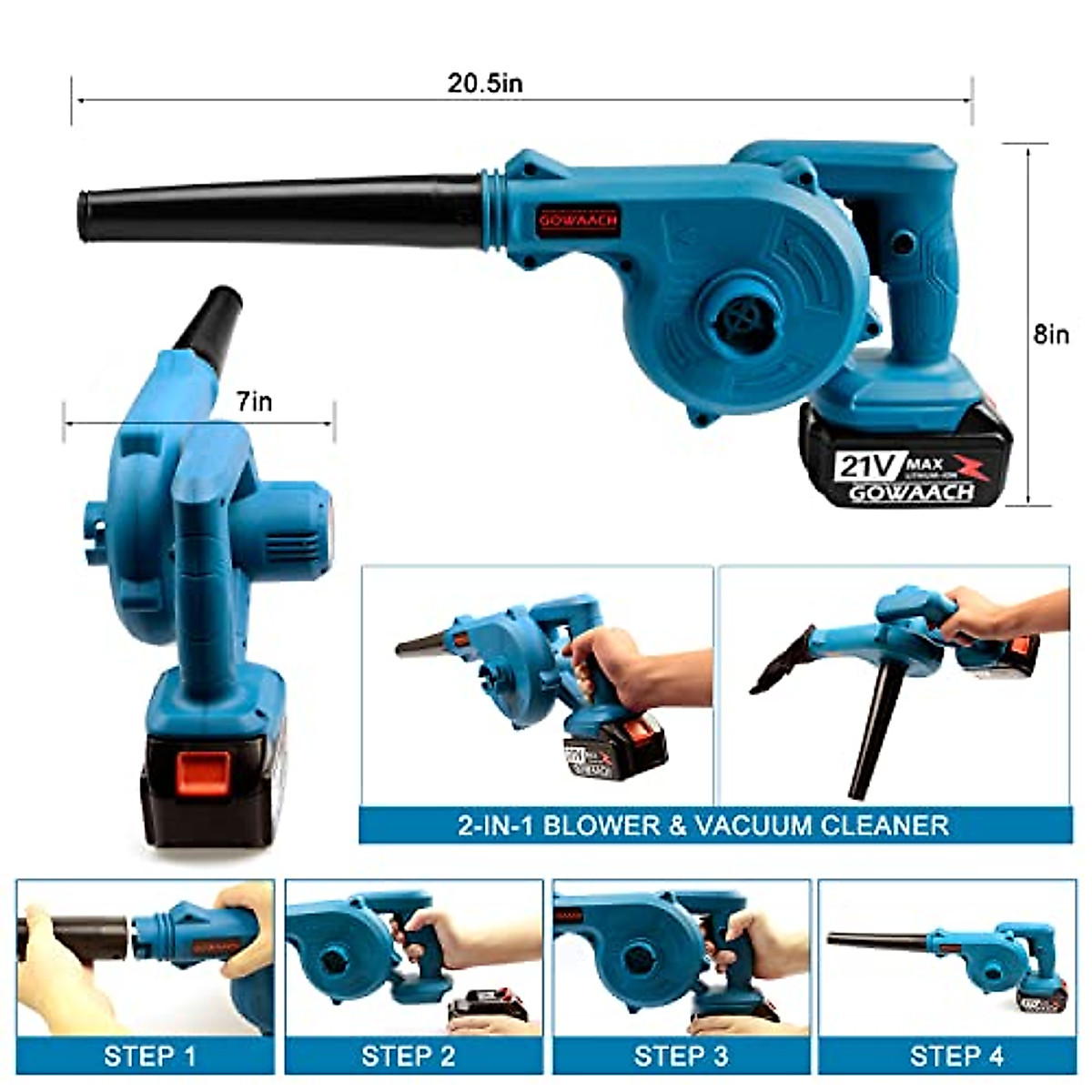 Cordless Leaf Blower, GOWAACHO 21V 2-in-1 Electric Handheld Sweeper/Vacuum with 2*4.0Ah Rechargeable Battery & Charger for Blowing Leaf, Cleaning Dust, Car, Computer Host, Small Trash