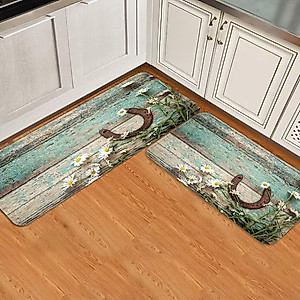 Rustic Horseshoe Kitchen Mat Set of 2 White Daisy Flower Kitchen Rugs and Mats Non Skid Washable Western Country Teal Wooden Barn Retro Cushioned Comfort Standing Mat for Floor,Sink,Laundry,Bathroom