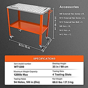VEVOR Welding Table 36"x18", 1200lbs Load Capacity Steel Welding Workbench Table on Wheels, Portable Work Bench with Braking Lockable Casters, 4 Tool Slots, 5/8-inch Fixture Holes, Tool Tray