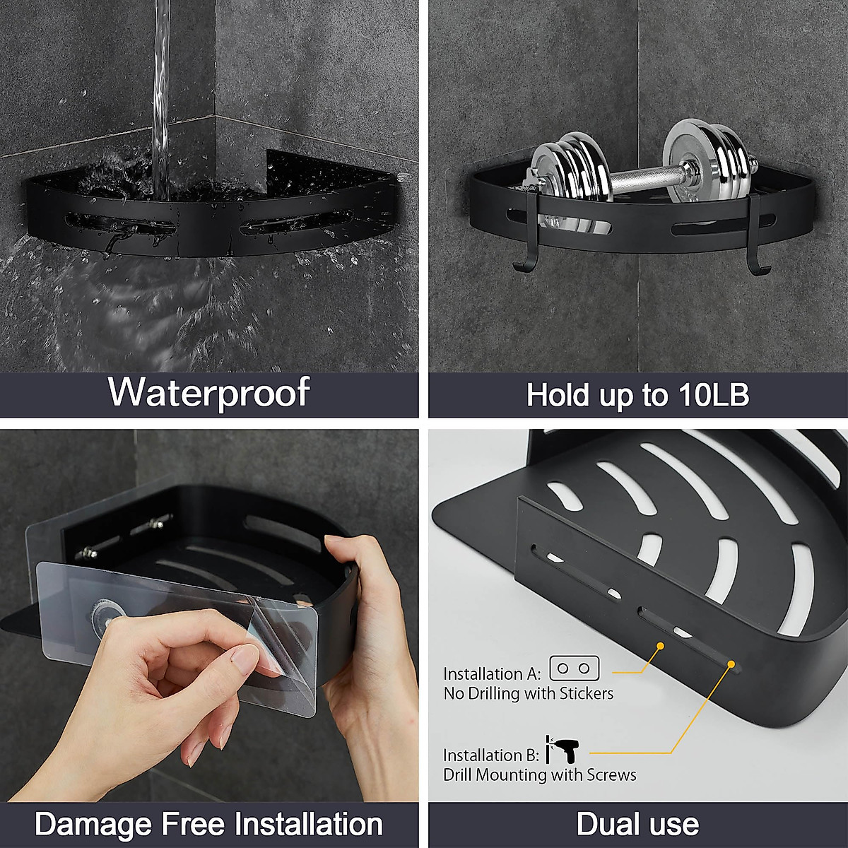 WPT Corner Shower Caddy, 2 Pack Adhesive Shower Corner Shelf, Shower Organizer Storage Wall Mounted No Drilling for Bathroom and Kitchen, Black