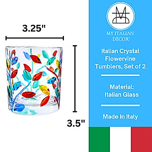 Italian Crystal Whiskey Glasses, 8 oz Glasses, Flowervine Design, Premium Scotch Glasses, Old Fashioned Drinking Glassware, Tumbler for Scotch, Cocktail, Liquor, Home Bar, (SET OF 2).