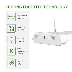 Lepro 4ft Linkable LED Shop Lights, 42W 4200lm Garage Ceiling Light Fixture, 5000K Daylight White, 250W Equivalent Surface Flush Mount or Hanging Workshop Bench Light with Plug and Pull Chain, 6 Packs