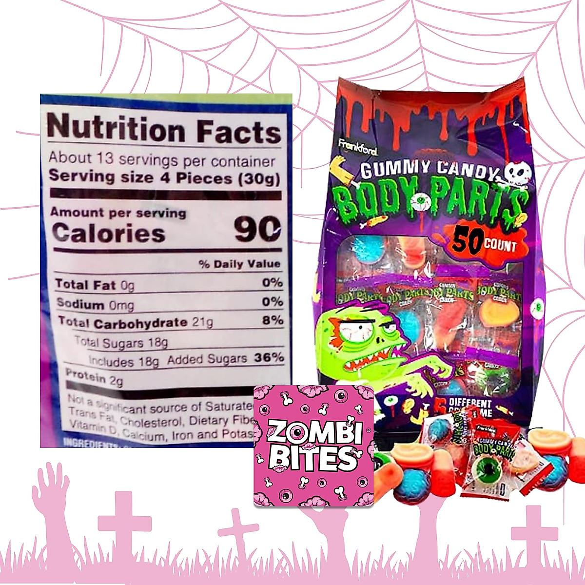 Gummy Candy Pack by Zombibites. Features One-13.2 Oz 50 Ct of Frankford's Body Parts Gummies Candies. Assorted Body Parts Candy for Halloween Gummies Candy. And a Free Zombibites Fridge Magnet!