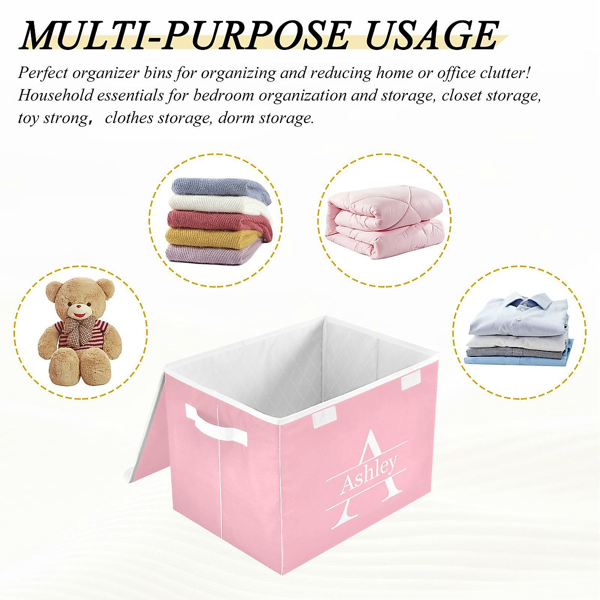 Light Pink Custom Storage Bins with Lid Foldable Personalized Name Storage Box Basket with Handle Shelf Basket Closet Organizer for Clothes Home Bedroom