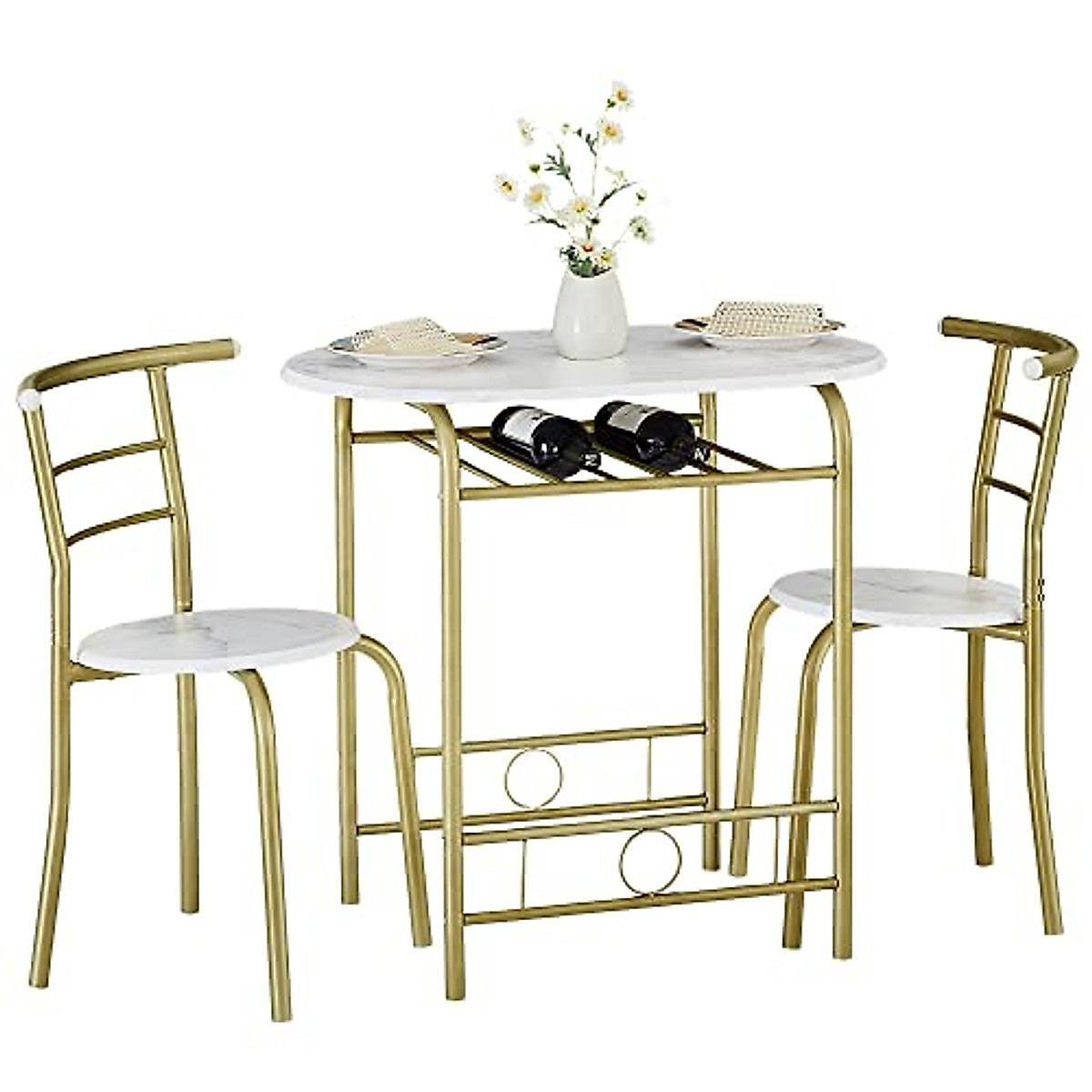 VECELO 3 Piece Small Round Dining Table Set for Kitchen Breakfast Nook, Wood Grain Tabletop with Wine Storage Rack, Save Space, 31.5", White & Gold
