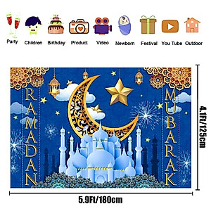 Large 71" X 49" Ramadan Backdrop, Ramadan Decorations for Home, Ramadan Decorations for Wall, Blue Ramadan Mubarak Banner for Muslim Ramadan Mubarak Party Decorations tineit