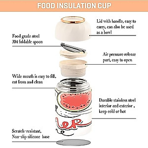 CUPADA Cat Watermelon Food Jar, Funny Summer Time Insulated Hot Food Jars Vacuum 17OZ with Folding Spoon for Work Trip Picnic Camping
