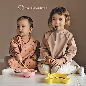 Long Sleeve Bib, Baby Toddler Bib, 6-24 Months, Waterproof Mess-Proof Fabric, Art Smock, Catch-All Pocket, Feeding Bib (Light Brown Cherries)