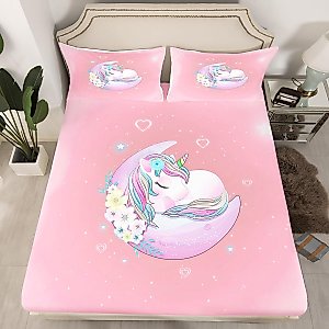 Feelyou Pink Unicorn Bed Sheet Set Twin, Cartoon Unicorn Bedding Set Bed Sheet SetGirls Cute Unicorn Fitted Sheet Fairy Dreamy Horse Bed Cover Microfiber Room Decor Lightweight Bed Set (No Flat Sheet)