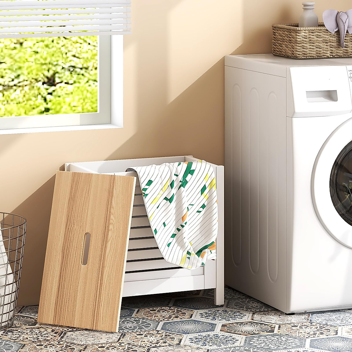 Giantex 12 Gallon Laundry Hamper, Wooden Dirty Clothes Hamper with Removable Lid, Louver Design Clothing Storage Organizer, Laundry Basket for Laundry Room, Bedroom, Bathroom, Easy Assembly, White