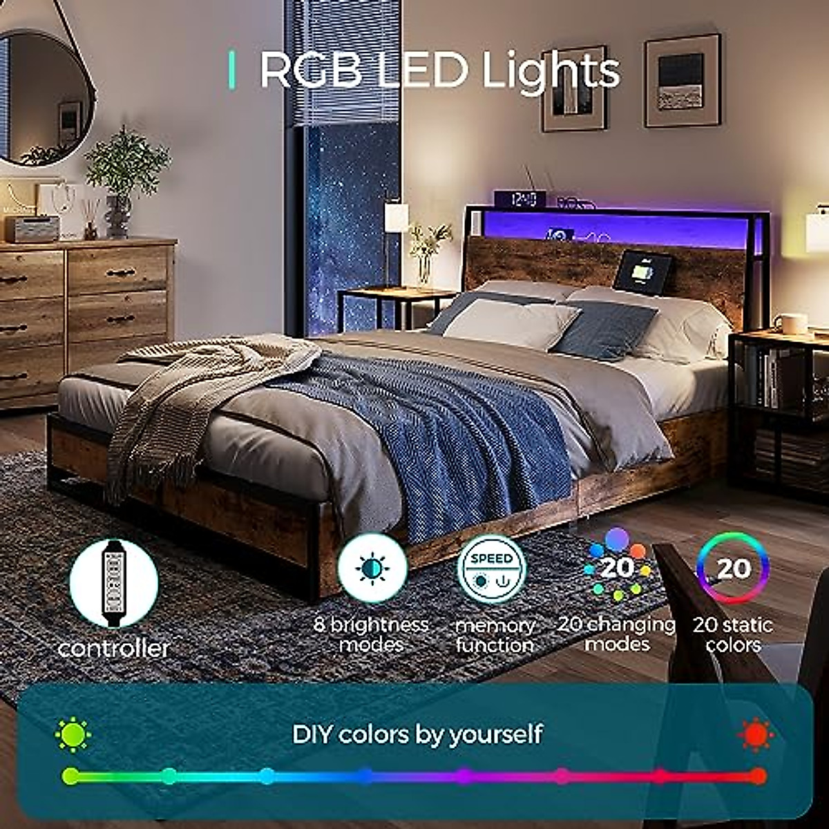 LINSY Full Size Bed Frame with 4 Drawers & Headboard, Bed Frame with RGB Lights & Fast Charger, Fast Assembly Bed Frame Full with Storage, No Box Spring Needed, Rustic Brown