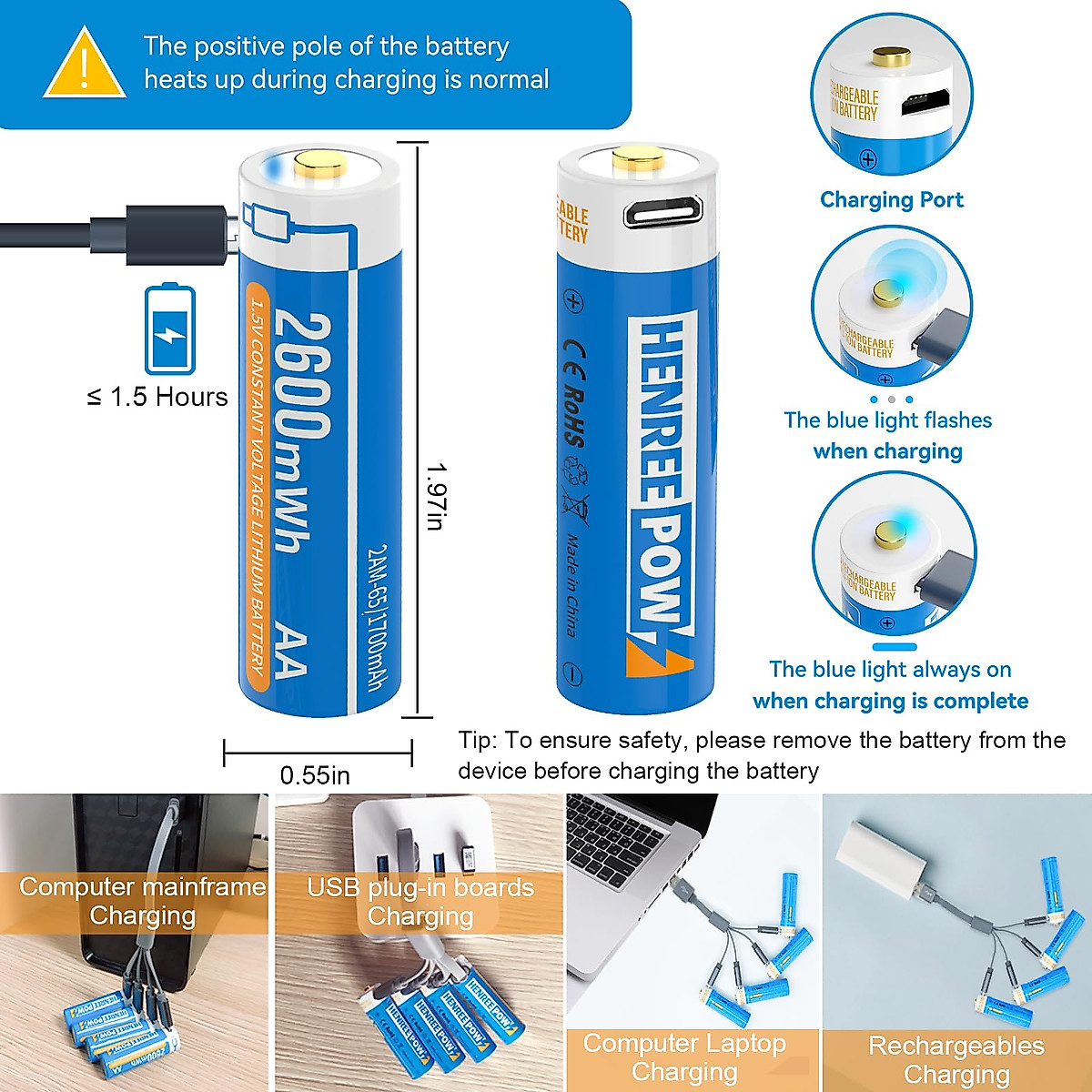 Henreepow 1.5V AA Lithium Rechargeable Batteries, High Capacity 2600mWh(1700mAh) Double A Lithium ion Rechargeable Battery, 1200 Cycles with 4 in 1 USB Charging Cable (4 Pack with Storage Box)