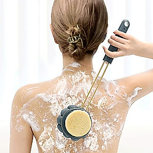 LFJ Back Scrubber for Shower,Double-Sided Body Bath Shower Brush with Bristles and Loofah, Shower Brush for Skin Exfoliation Shower，Wet Or Dry Brushing, Back Brush for Men and Women(Blue)