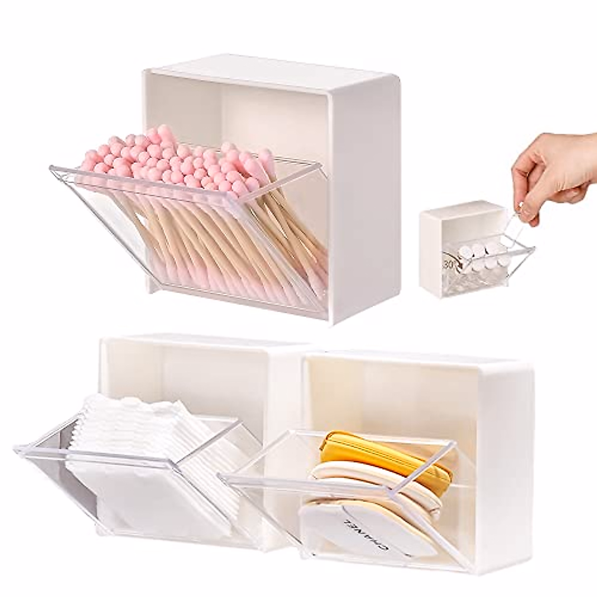 Brozigo 3Pcs QTip Holder Canisters for Cotton Balls, Wall Storage Cotton Ball Holder, qtip holder bathroom set with lid, Wall Storage for bathroom, office and restroom, Transparent Cotton Swab Holder