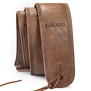 LEKATO Bass Strap for Electric Guitar & Bass 2.5” Wide Leather Bass Guitar Strap with Foam Padded Bass Guitar Strap Leather Bass Guitar Strap Adjustable Length from 41” to 51” Leather Guitar Straps