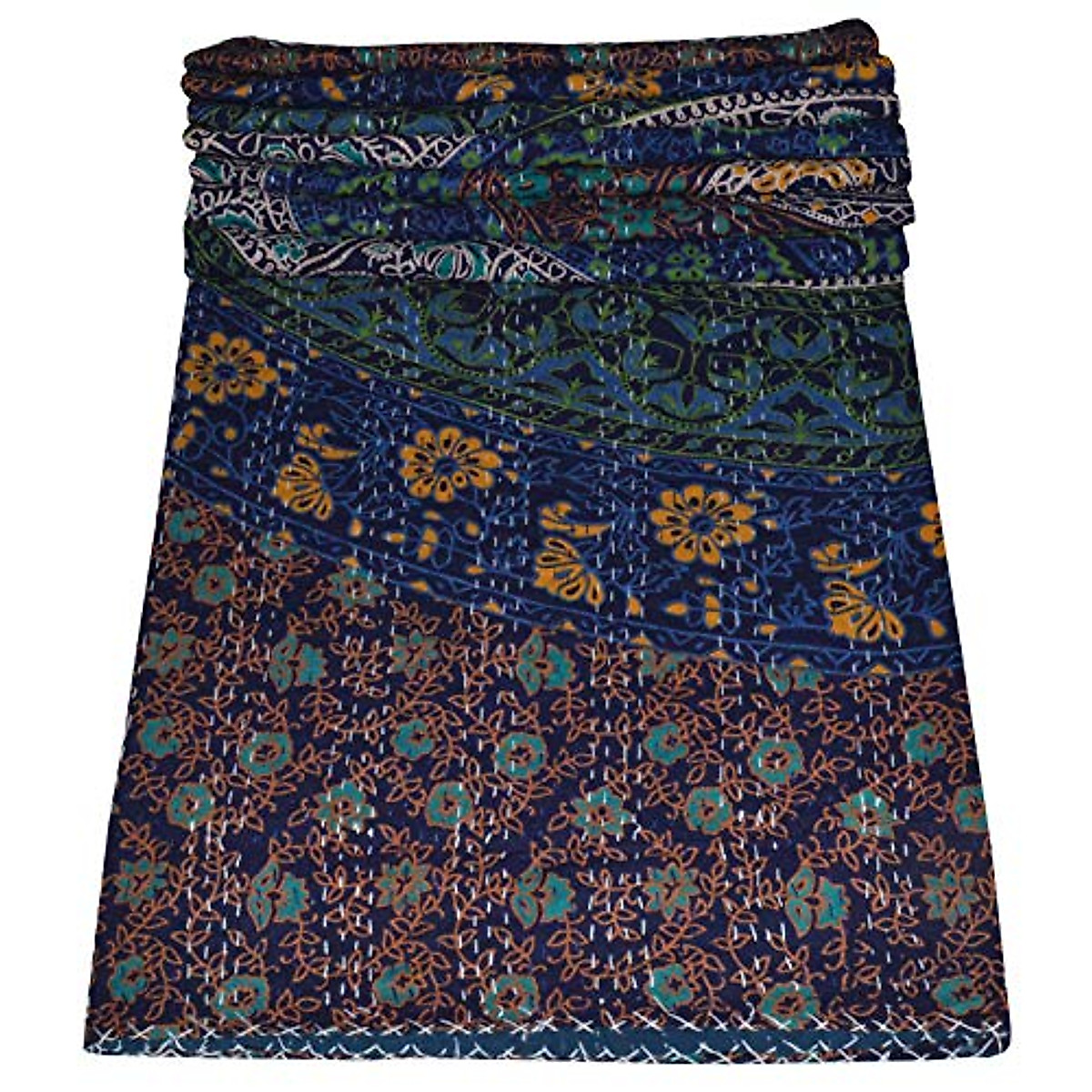 SHIRANYA Indian Handmade Queen Cotton Kantha Quilt Throw Blanket Bedspread Floral Print 80x90 Approx