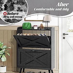 SUNCROWN Shoe Cabinet Storage with 2 Flip Drawers, Freestanding Shoe Organizer with Wooden Legs, Narrow Entryway Shoes Storage Cabinet, Shoe Rack Shelves,Black-Small