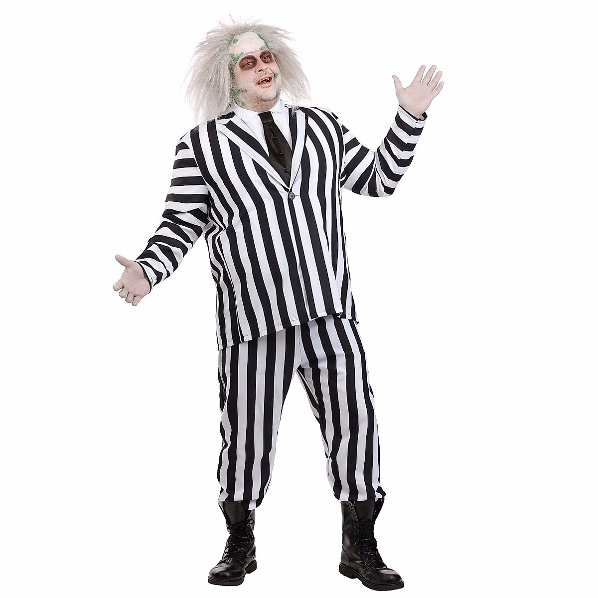 Plus Size Beetlejuice Costume - Black & White Striped Tuxedo Jacket, Pants, and Attached Shirt & Tie, Officially Licensed 3X