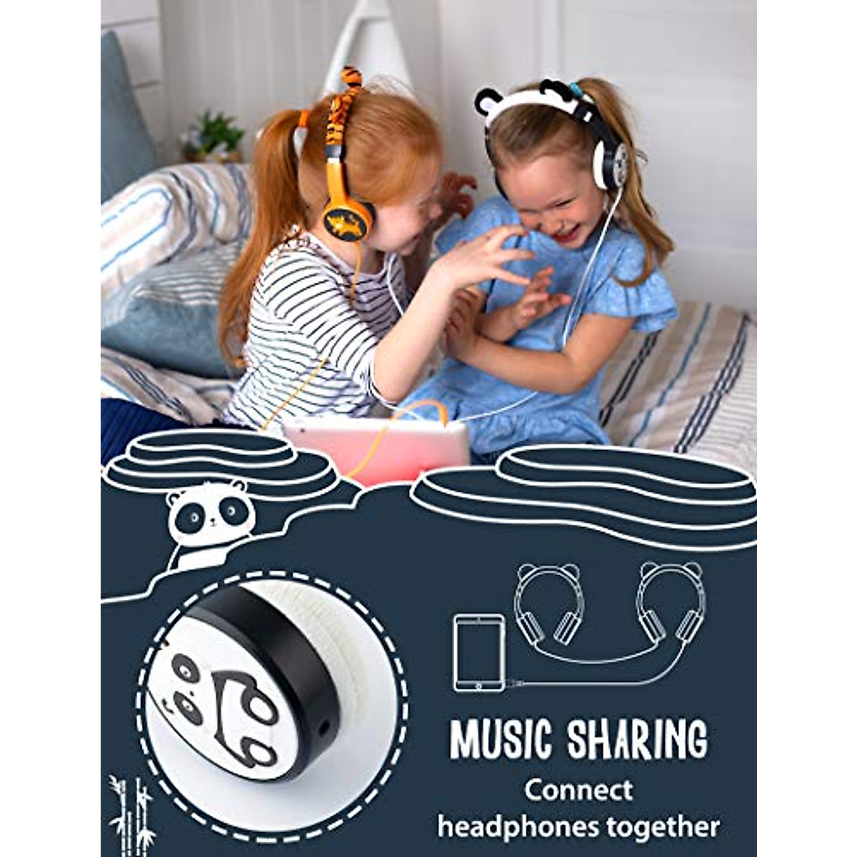 Planet Buddies Kids Headphones, On Ear Headphones for Kids, Volume Safe with Music Sharing for Children, Foldable Wired Earphones for School, Travel, Phone, Kindle - Panda