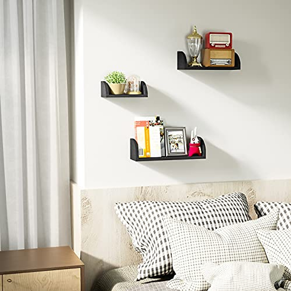 SRIWATANA Floating Shelves Wall Mounted, Solid Wood Shelves Wall Bookshelves Set of 3 for Bedroom, Living Room, Bathroom, Kitchen - Black