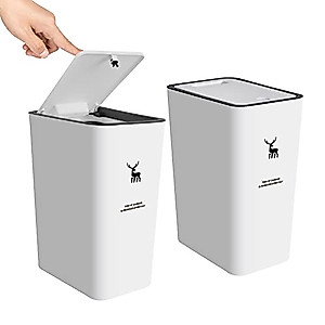 XPIY Trash Can with Lid, 2 Pack 4 Gallons/15 Liters Garbage Can with Press Top, Small, Dog Proof, Plastic Trash Bin, Waste Basket for Bathroom|Kitchen|Bedroom|Office|Living Room|Study (White)