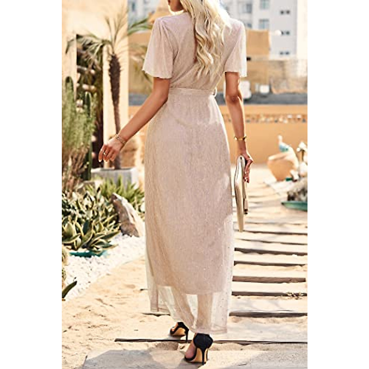 PRETTYGARDEN Women's Summer Maxi Glitter Dress Wrap V Neck Ruffle Sleeve Cocktail Party Long Dresses with Slit (Champagne,Large)