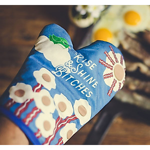 Rise And Shine Bitches Funny Breakfast Bacon And Eggs Graphic Kitchen Accessories Funny Graphic Kitchenwear Funny Food Novelty Cookware Blue Oven Mitt