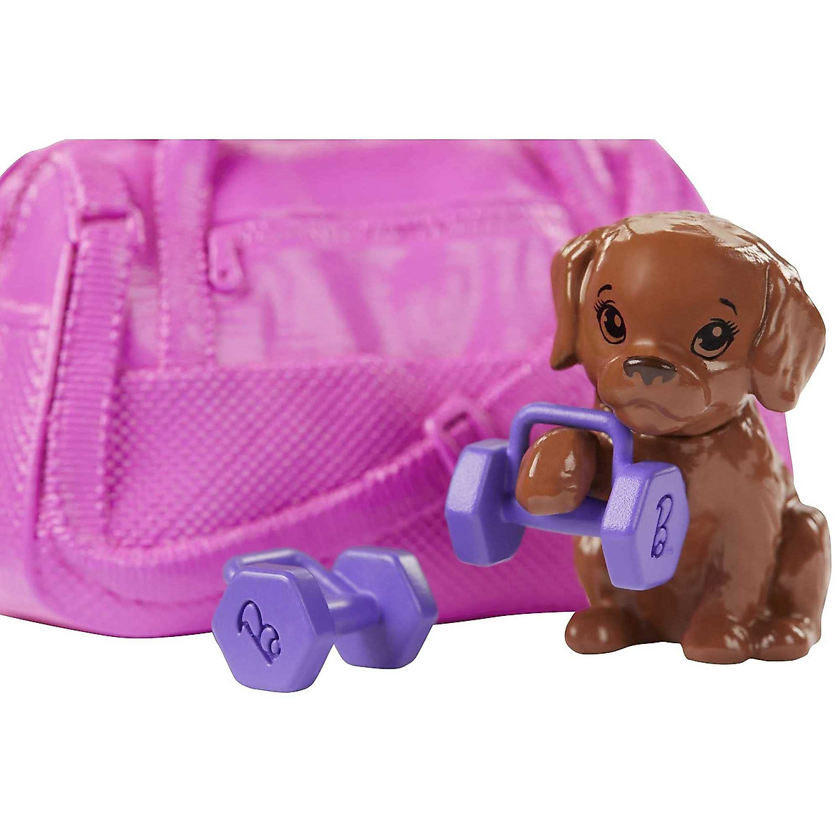 Barbie Doll, Red-Haired Fitness Doll with Puppy & 9 Accessories Including Yoga Mat with Strap, Hula Hoop, Weights & Bag