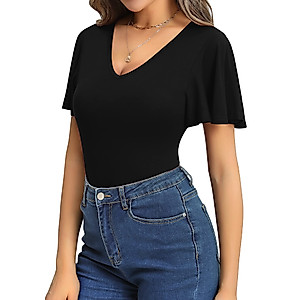 MANGOPOP Womens Deep V Neck Ruffle Short Sleeve Tops Sexy Bodysuit for Women Clothing