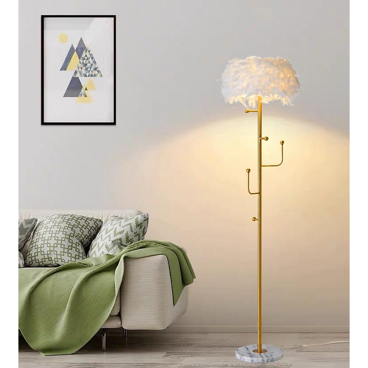 Kardleen White Feather Floor lamp Unique Hanger Floor lamp with Coat Hook Standing lamp Luxury Gold for Bedroom Decorative Tall lamp Naturally Feather lamp