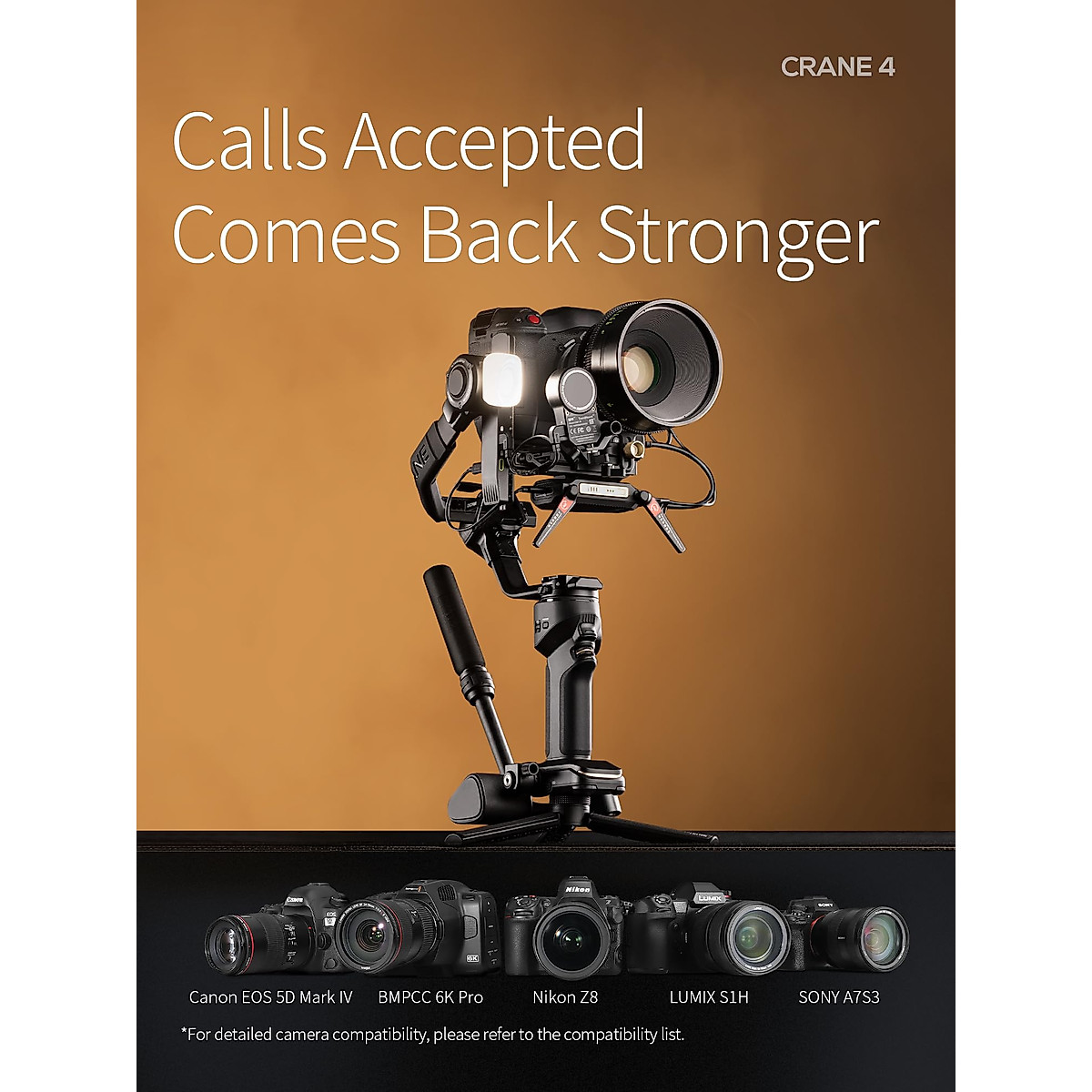 ZHIYUN Crane 4 Combo, 3-Axis Gimbal Stabilizer for DSLR and Mirrorless Camera, Nikon Sony Panasonic Canon Fujifilm BMPCC 6K, Fill Light, PD Fast Charge