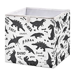 CaTaKu Cute Dinosaurs Black Storage Bins 11 Inch Fabric Storage Baskets for Shelves Foldable Storage Baskets for Organizing Decorative Large Closet Organizers Cubes