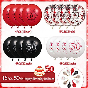 50th Latex Birthday Balloons, 16Pcs Red Black Happy 50th Birthday Balloons, Red Black 50th Birthday Party Decorations Balloons for Women Men 50th Birthday, Anniversary Decor