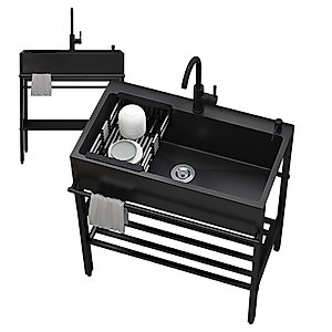 Stainless Steel Single Bowl Kitchen Sink With Stand Free Standing Commercial Restaurant Utility Sink Set With Drain Basket For Laundry Backyard Garage Outdoor，Black Stainless Steel Floor Standing Sink