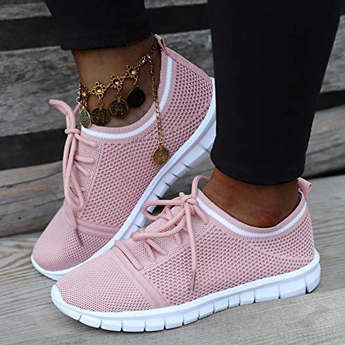 justHIGH Women's Athletic Road Running Mesh Breathable Casual Sneakers Lace Up Comfort Sports Student Fashion Tennis Shoes Pink