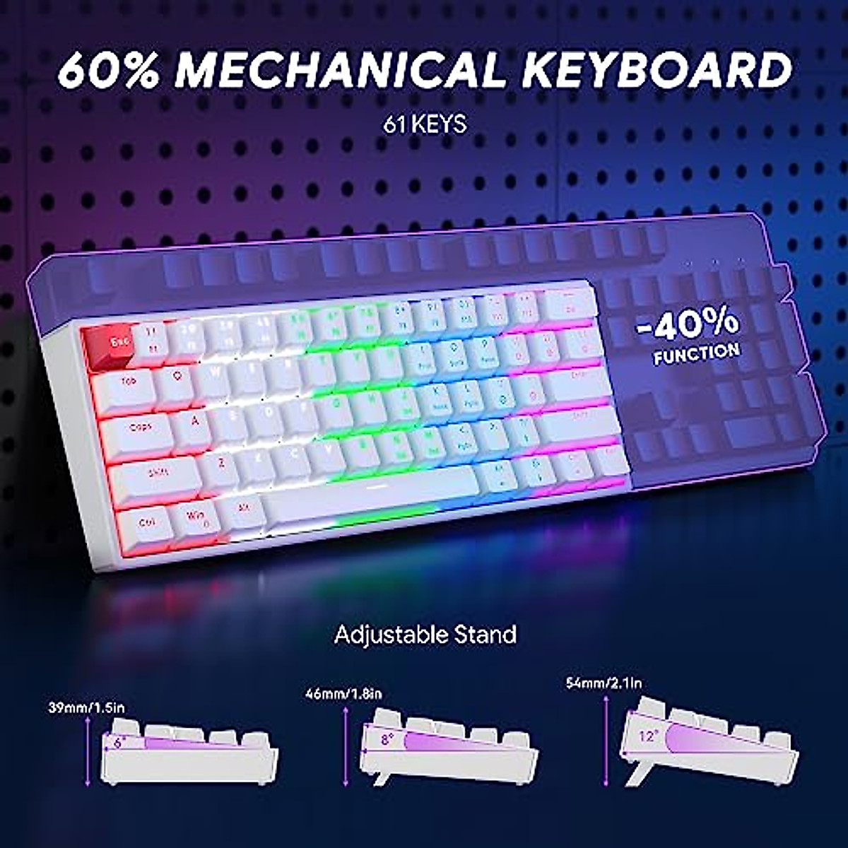 TECURS 60% Gaming Keyboard Mechanical Led Wired Keyboard Mini 61 Key Compact Gamer Keyboard Clicky with Blue Switch for Computer PC Laptop