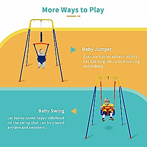 4-in-1 Swing Set & Baby Jumper, Toddler Swing with Foldable Metal Stand and Safety Belt, Baby Swings & Baby Bouncers Outdoor/Indoor for Infants to Toddler, Indoor Swing for Kids 6 Month+ (Blue)