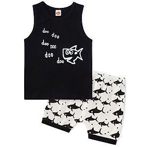 Kids4ever Baby Boys Summer Clothes Sets 12-18 Months Toddlers Boy Black and White Shark Sleeveless Shirt Tops + Fish Short Pants Child 3d Printed Doo Doo Letters Hawaiian Beach Board Shorts