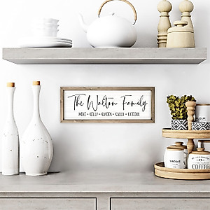Personalized Framed Wooden Family Name Sign (6" x 18", Weathered Grey Frame, White Background)