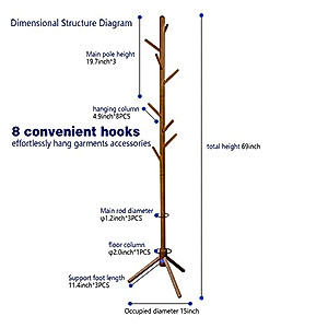 Gcnobaem Wooden Tree Coat Rack with 3 Adjustable Sizes, 8 Hooks, Super Easy Assembly NO Tools Required, Free Standing Solid Coat Hanger Stand for Clothes, Garment, Hats, Accessories (Dark Walnut)