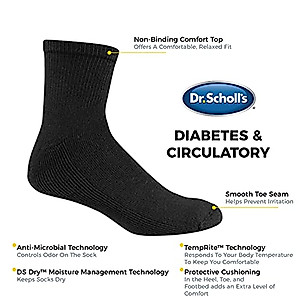 Dr. Scholl's Men's 4 Pack Diabetic and Circulatory Non Binding Ankle Socks, Black, Shoe Size: 7-12