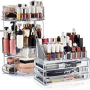 Maitys Set of 2 360° Rotating Makeup Organizer and Cosmetic Display Cases 3 Drawers Stackable Storage Box Adjustable Cosmetic Storage Display Case for Jewelry Accessories Lipsticks, Clear Transparent