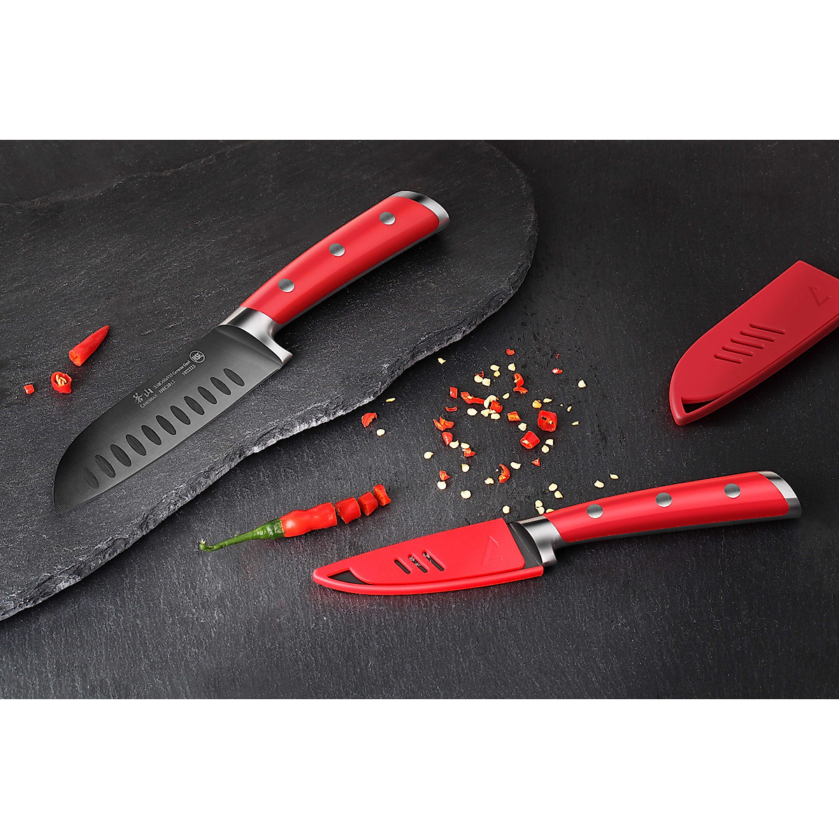 Cangshan S+ Series 1022131 German Steel Forged 2-Piece Titanium Coated Santoku Starter Knife Set with Sheaths, Jupiter Red