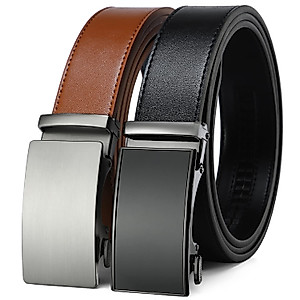 2 Pack Ratchet Belt 1 3/8", Leather Dress Belt with Click Sliding Buckle in Gift Set Box, Mens Adjustable Belt Trim to Fit (Black/Brown leather belt, 28"-42" Waist Adjustable)